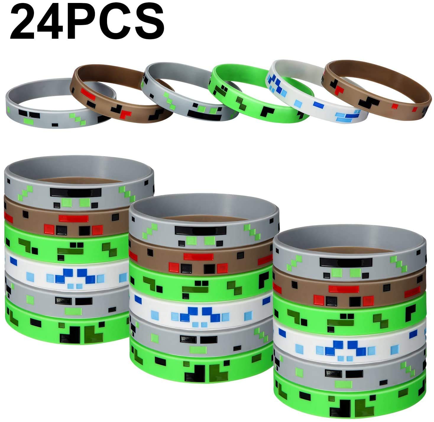 JOVITEC Pixelated Miner Style Character Wristband Bracelets Silicone Wristbands, Pixelated Theme Bracelet Designs for Mining Themed Style Party Supplies(24 Pieces,Style 1)