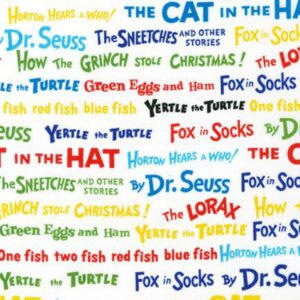 1 yard celebrate dr. seuss book titles by robert kaufman 100% cotton quilt fabric ade-10789-203