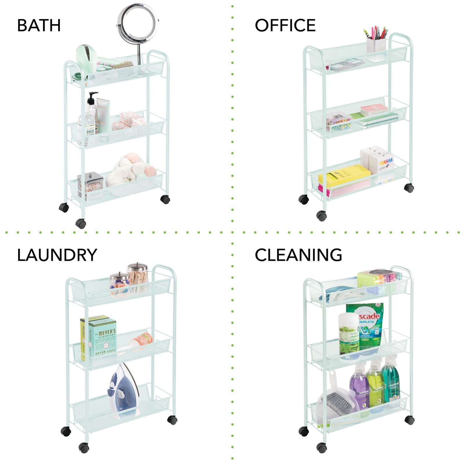 mDesign Steel Rolling Utility Cart Storage Organizer Trolley with 3 Basket Shelves for Laundry Room, Mudroom, Garage, Bathroom Organization - Holds Detergents, Hand Soap - Biro Collection, Mint Green