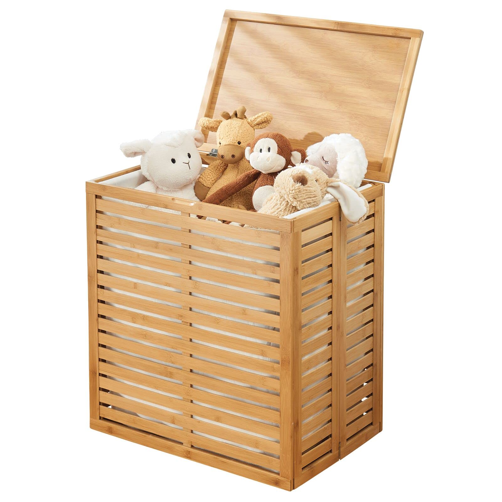 mDesign Bamboo Wood Foldable Laundry Basket Storage Organizer w/Removable Fabric Liner, Lid, Collapsible Laundry Hamper for Laundry Room, Bathroom, Bedroom, Holds Clothes - Echo Collection - Natural