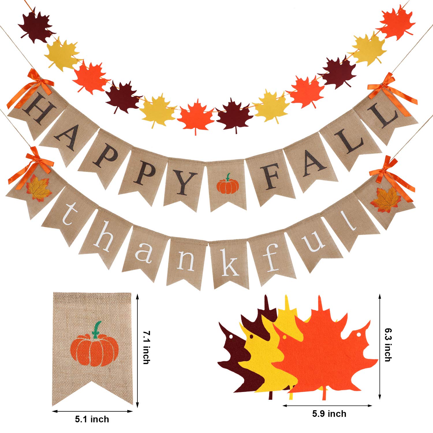 3 Pieces Happy Fall Banner Thankful Banner Give Thanks Banner and Felt Fall Leaves Garland Banner for Fall Thanksgiving Decoration (Style Set 1)