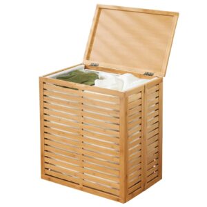 mdesign bamboo wood foldable laundry basket storage organizer w/removable fabric liner, lid, collapsible laundry hamper for laundry room, bathroom, bedroom, holds clothes - echo collection - natural