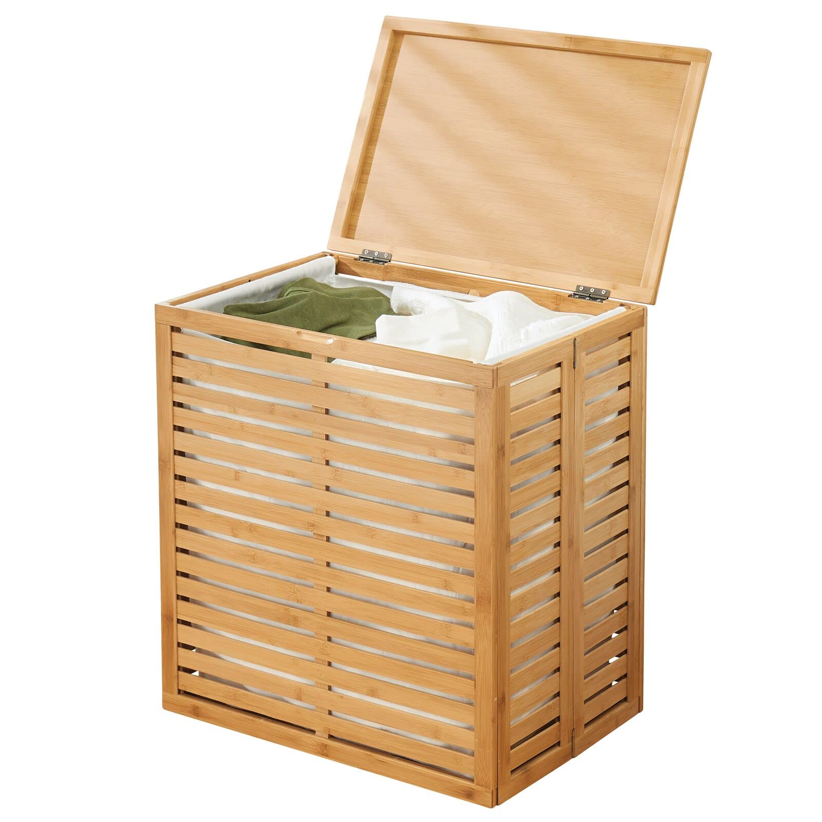 mDesign Bamboo Wood Foldable Laundry Basket Storage Organizer w/Removable Fabric Liner, Lid, Collapsible Laundry Hamper for Laundry Room, Bathroom, Bedroom, Holds Clothes - Echo Collection - Natural