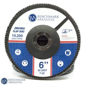 benchmark abrasives 6" x 7/8" premium high density jumbo zirconia type 29 flap discs for angle grinder, 6 inch sanding discs, finishing, deburring, rust removal - (10 pack) 40 grit