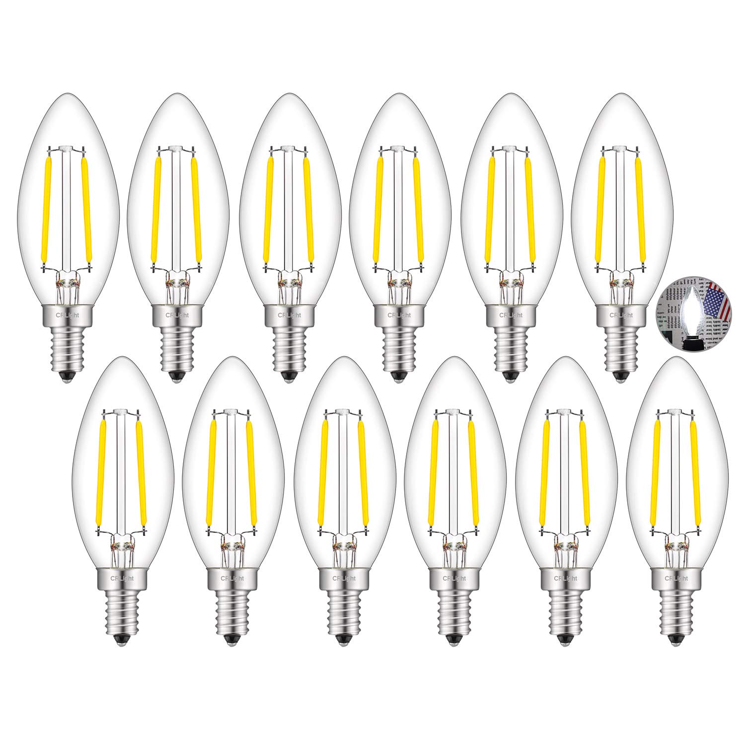 CRLight LED Candelabra Bulb 5000K Daylight White, 25W Equivalent 250 LM, 2W LED Chandelier Light Bulbs, E12 Vintage Edison B11 Clear Glass Candle Bulbs, Non-dimmable Version, 12 Pack