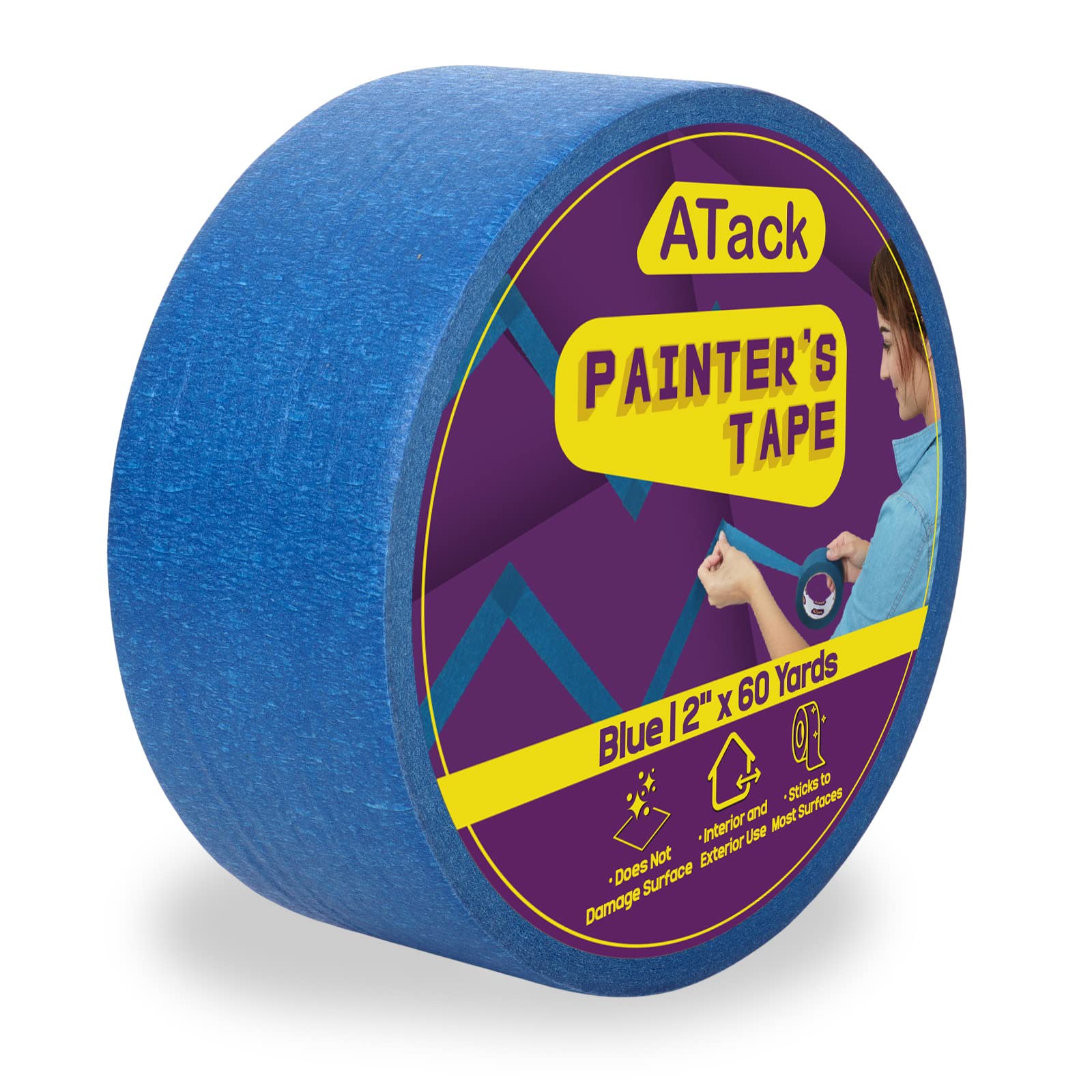 ATack Professional Blue Painter's Tape, 2" x 60 Yards (Single Roll), Sharp Edge Line Technology - Produces Sharp Lines and Residue-Free Artisan Grade Clean Release Wall Trim Tape