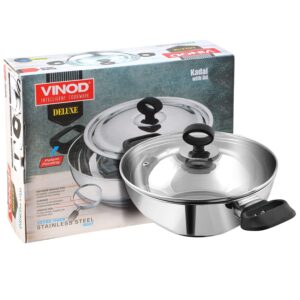 Vinod Deluxe Kadhai | Stainless Steel Wok | Tempered Glass Lid | Induction-Friendly| Sandwich Bottom | 20cm Capacity | 2 Liters(2.1 Quarts) |Multi-Use Pot| Suitable For Indian Cooking, Gravy, Stews