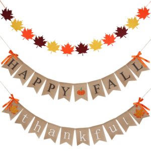 3 pieces happy fall banner thankful banner give thanks banner and felt fall leaves garland banner for fall thanksgiving decoration (style set 1)