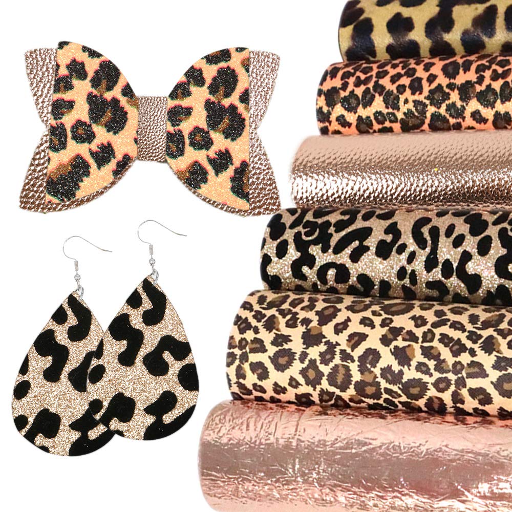 David angie Leopard Printed Faux Leather Sheet Metallic Burst Crack Synthetic Leather Fabric Assorted 6 PCS 7.7" x 12.9" (20 cm x 33 cm) for Hair Accessories DIY Crafts Making (Leopard Pattern B)