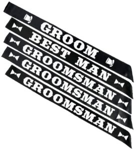 groom wedding party sash bundle, groom (x1), best man (x1), groomsman (x3) bachelor bridal shower supplies decorations favors gifts black sashes white letters kit accessories decor - set of 5