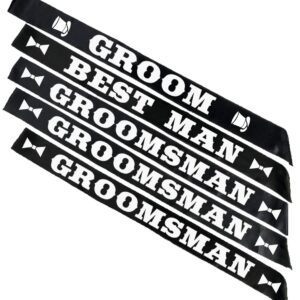 Groom Wedding Party Sash Bundle, Groom (x1), Best Man (x1), Groomsman (x3) Bachelor Bridal Shower Supplies Decorations Favors Gifts Black Sashes White Letters Kit Accessories Decor - Set of 5