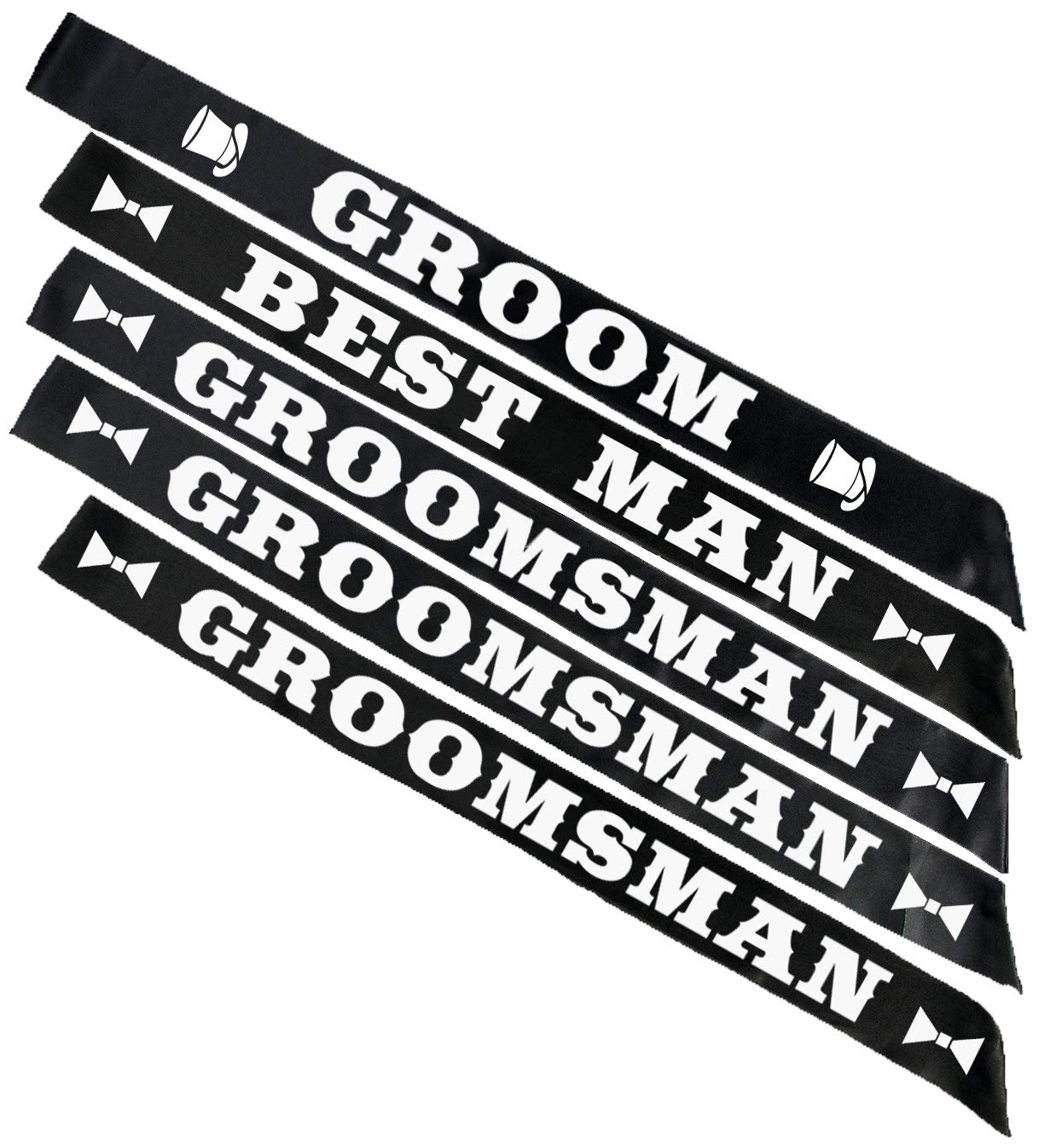 Groom Wedding Party Sash Bundle, Groom (x1), Best Man (x1), Groomsman (x3) Bachelor Bridal Shower Supplies Decorations Favors Gifts Black Sashes White Letters Kit Accessories Decor - Set of 5