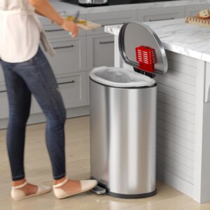 iTouchless 13.2 Gallon Step Trash Can with Odor Control System Stainless Steel, Semi-Round, 50 Liter Garbage Bin for Kitchen, Office, Home-Silent and Gentle Open/Close, Space Saving, SoftStep 13 Gal