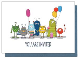 the lazy panda card company 20 eco friendly monster birthday invitations for children (with blue envelopes)