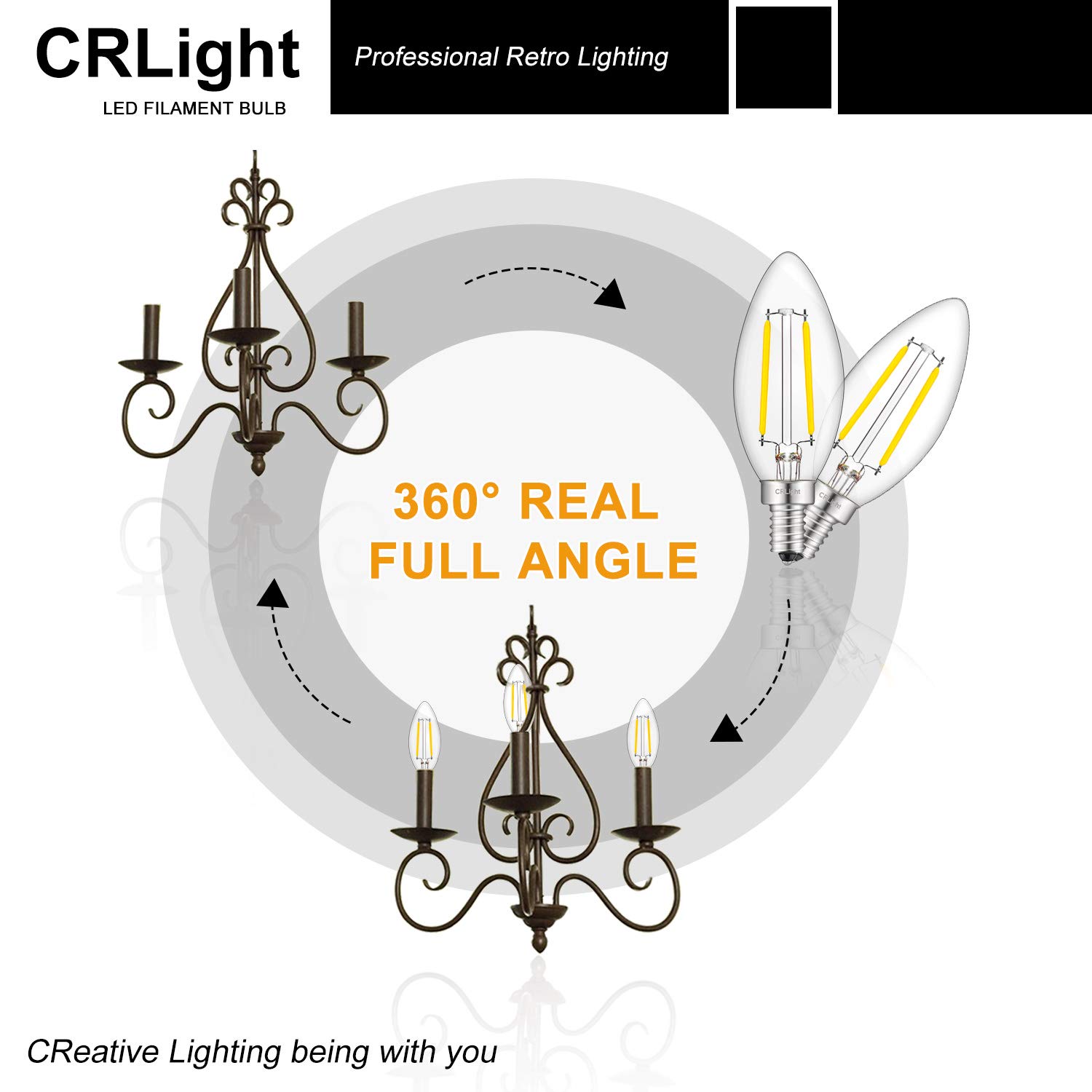 CRLight LED Candelabra Bulb 5000K Daylight White, 25W Equivalent 250 LM, 2W LED Chandelier Light Bulbs, E12 Vintage Edison B11 Clear Glass Candle Bulbs, Non-dimmable Version, 12 Pack