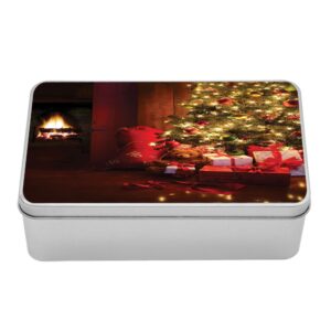 ambesonne christmas metal box, xmas scene celebrations with tree and gifts by the fireplace design image, multi-purpose rectangular tin box container with lid, 7.2" x 4.7" x 2.2", red yellow