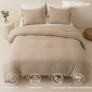 MUKKA Duvet Cover Queen Size 3 Pieces Sets Beige Boho Chic, Tan Khaki Farmhouse Bowknot, Sand Soft & Easy Care Washed Microfiber Cream Bohemian Bedding Sets with Ties