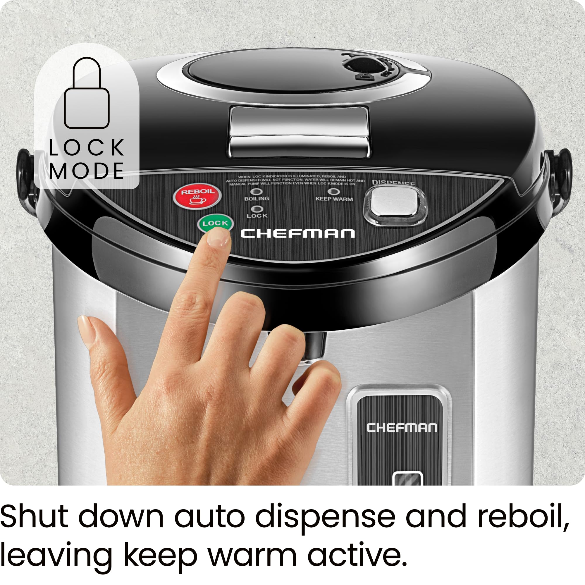 Chefman Electric Hot Water Pot Urn w/Auto & Manual Dispense Buttons, Safety Lock, Instant Heating for Coffee & Tea, Auto-Shutoff & Boil Dry Protection, Insulated Stainless Steel, 3.6L/3.8 Qt/20+ Cups