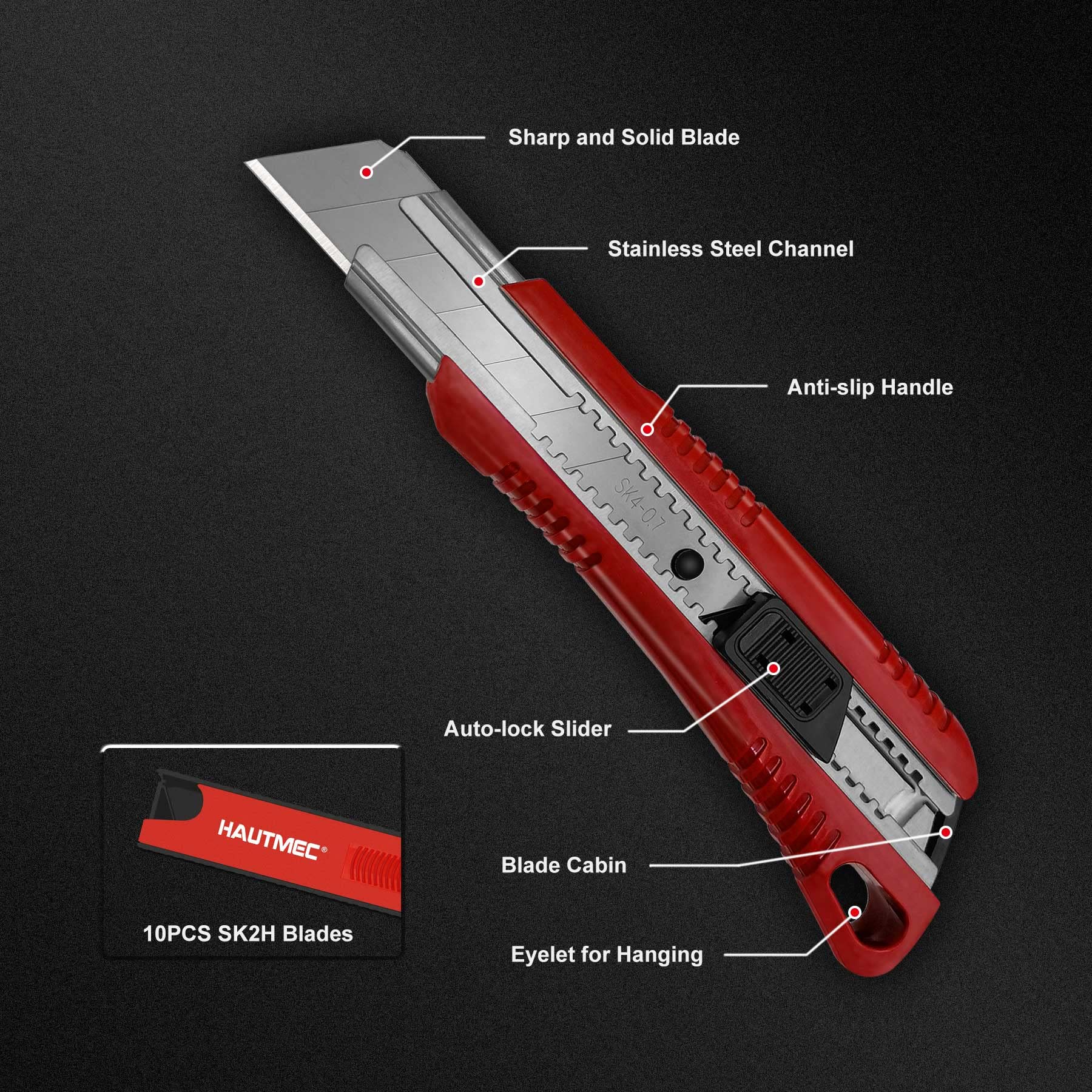 HAUTMEC 25mm Extra Heavy-Duty Utility Knife with 10pcs Blades Set, Snap-off Retractable Box Cutter, Auto-lock Mechanism, Sturdy Body HT0095-KN