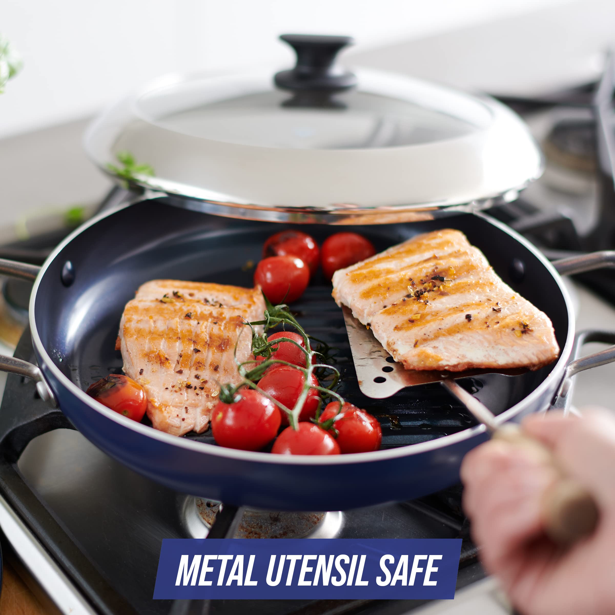 Blue Diamond 11" Grill Genie Pan, Diamond Infused Ceramic Nonstick with Lid, PFOA and PFAS-Free, Dishwasher & Oven Safe, Durable Cookware for Indoor Grilling, Searing, Versatile Cooking, Blue