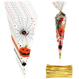 100 pcs halloween cone treat bags 6 x 15 inches cellophane clear sweet candy bags triangle cones popcorn bags plastic pumpkin spider bags with twist ties for halloween easter birthday party supplies