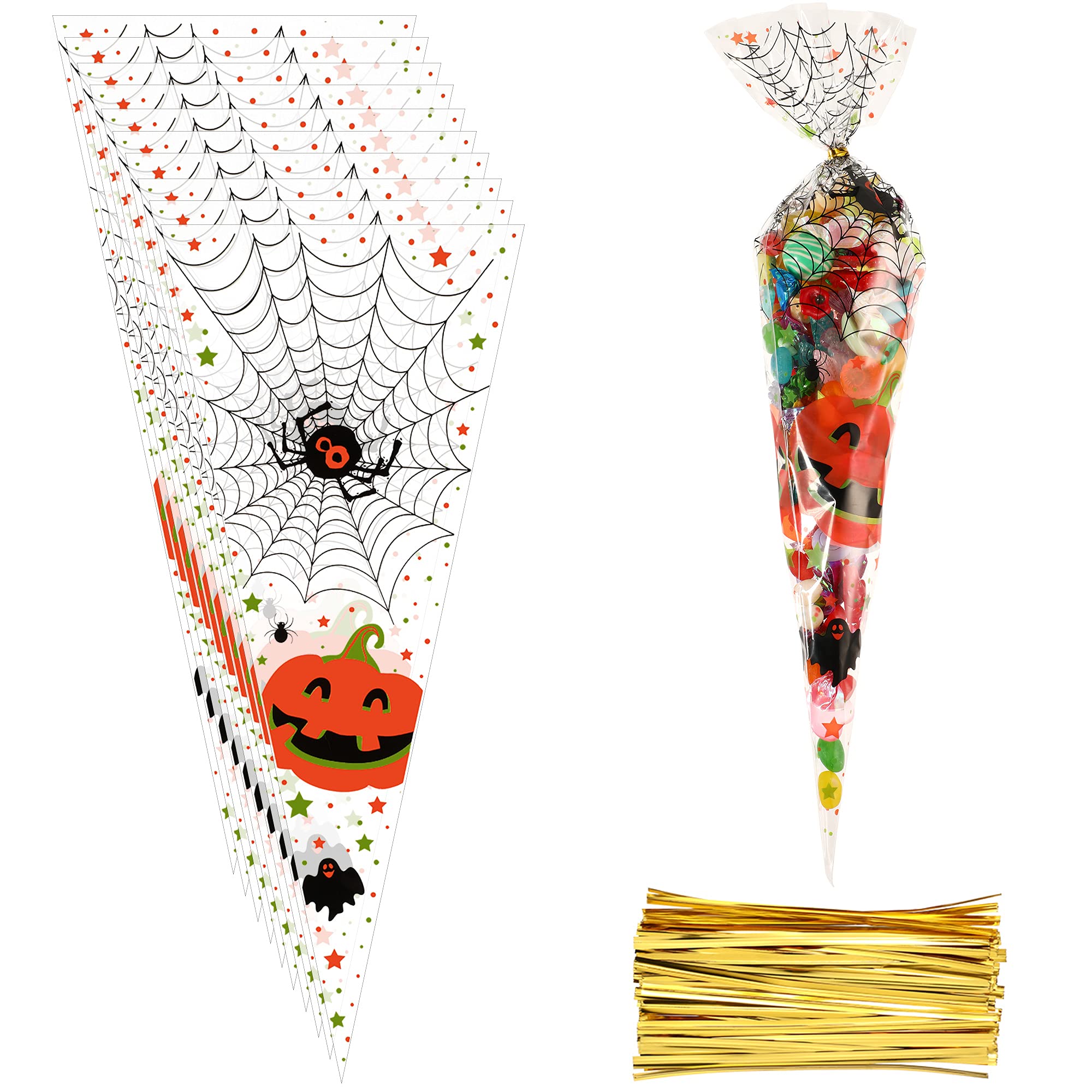 100 Pcs Halloween Cone Treat Bags 6 x 15 Inches Cellophane Clear Sweet Candy Bags Triangle Cones Popcorn Bags Plastic Pumpkin Spider Bags with Twist Ties for Halloween Easter Birthday Party Supplies