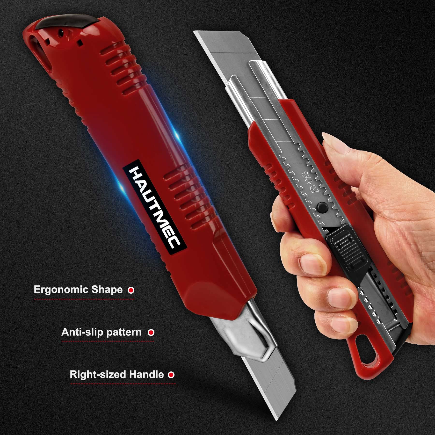 HAUTMEC 25mm Extra Heavy-Duty Utility Knife with 10pcs Blades Set, Snap-off Retractable Box Cutter, Auto-lock Mechanism, Sturdy Body HT0095-KN