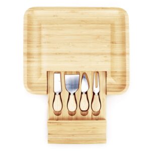 Slice of Goodness Bamboo Cheese Board Set - Large Wooden Charcuterie Boards Accessories Set with Narrow and Flat Knives, Cheese Fork, and Small Spade Inside Hidden Drawer