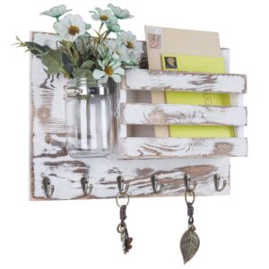 mygift whitewashed wood wall mounted key and mail organizer for wall rack with 6 hooks and decorative mason jar vase