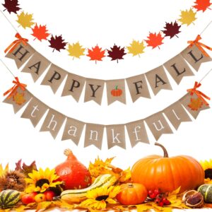 3 Pieces Happy Fall Banner Thankful Banner Give Thanks Banner and Felt Fall Leaves Garland Banner for Fall Thanksgiving Decoration (Style Set 1)