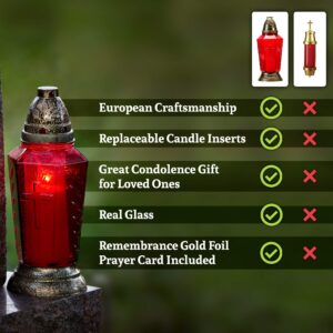 Taultic Lights Cemetery Memorial Candle | Heat Resistant Plastic Top and Base | Remembrance Decorations for Grave | Red Glass Lantern Eternal Candle Holder for Loss of Loved One | Outdoor and Indoor