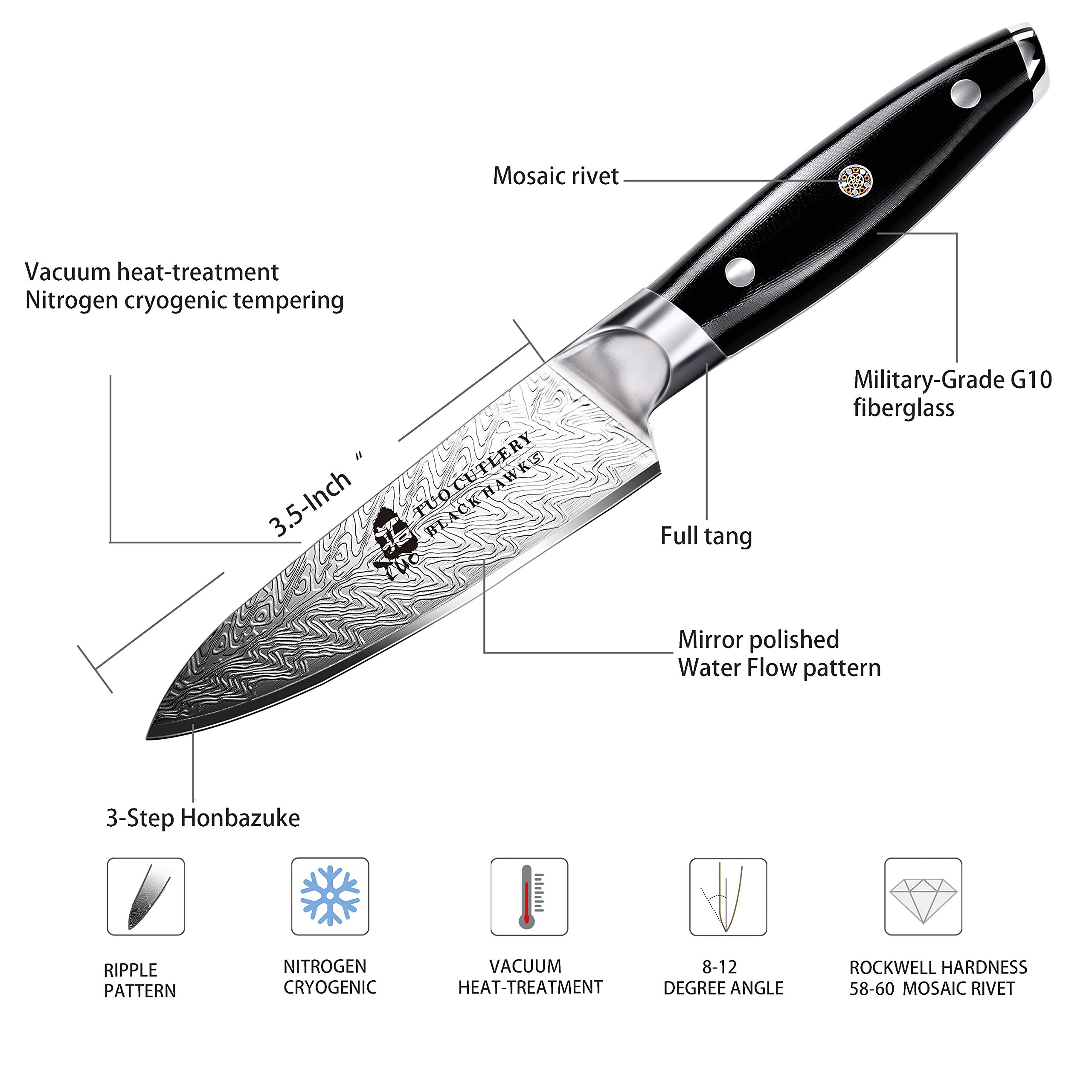 TUO Paring Knife - Peeling Knife Ultra Sharp 3.5-inch - Small Kitchen Knives High Carbon Stainless Steel - Kitchen Utility Knife with G10 Full Tang Handle - Black Hawk-S Knives Including Gift Box