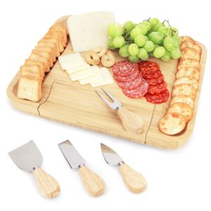 slice of goodness bamboo cheese board set - large wooden charcuterie boards accessories set with narrow and flat knives, cheese fork, and small spade inside hidden drawer