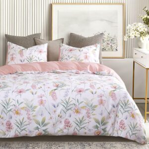 wake in cloud - floral comforter set, cottagecore aesthetic botanical flower and tree leaves, soft lightweight bedding for women teen girls, 3 pieces, pink green, queen size