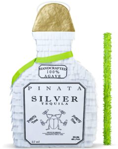 white tequila bottle piñata with stick - 17.5" x 10.5" x 3.5" perfect for party decorations, photo prop, birthday, funny anniversary, 21 birthday - fits candy/favors