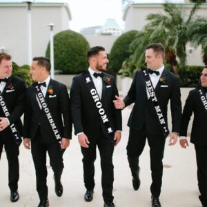 Groom Wedding Party Sash Bundle, Groom (x1), Best Man (x1), Groomsman (x3) Bachelor Bridal Shower Supplies Decorations Favors Gifts Black Sashes White Letters Kit Accessories Decor - Set of 5