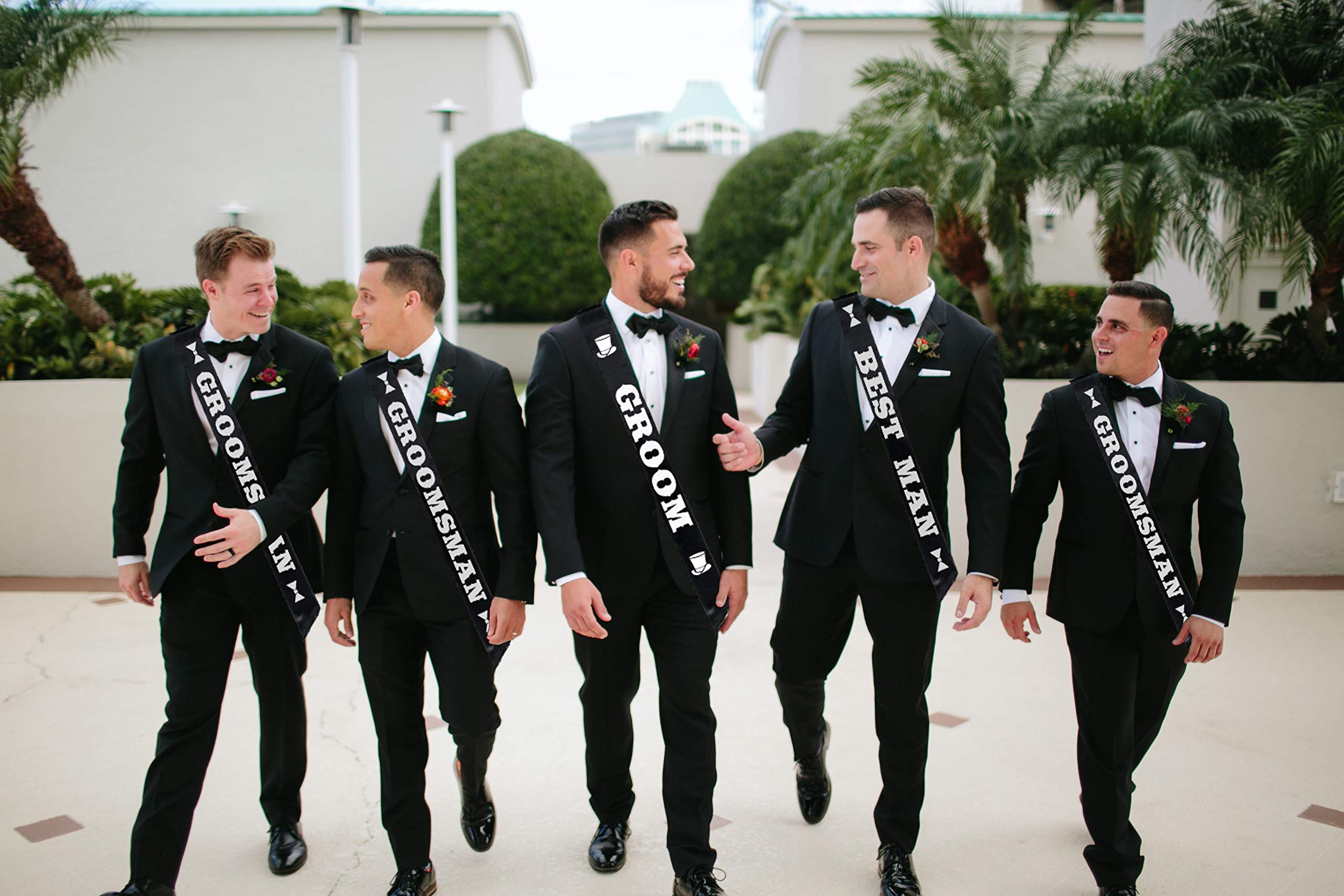 Groom Wedding Party Sash Bundle, Groom (x1), Best Man (x1), Groomsman (x3) Bachelor Bridal Shower Supplies Decorations Favors Gifts Black Sashes White Letters Kit Accessories Decor - Set of 5