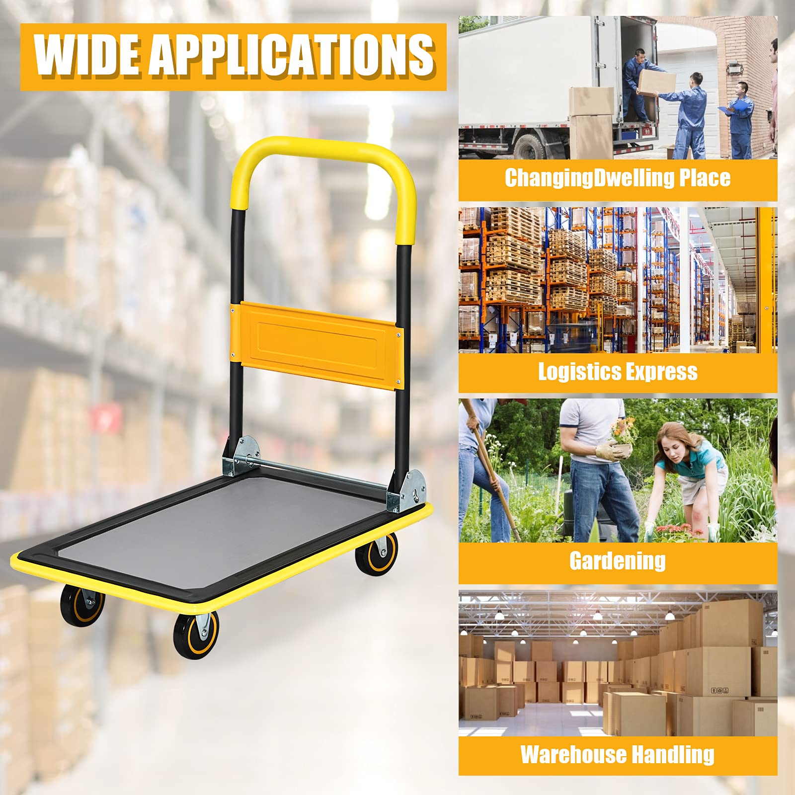 Goplus Folding Platform Cart, 330LBS Rolling Flatbed Cart Hand Platform Truck Push Dolly for Loading, Yellow