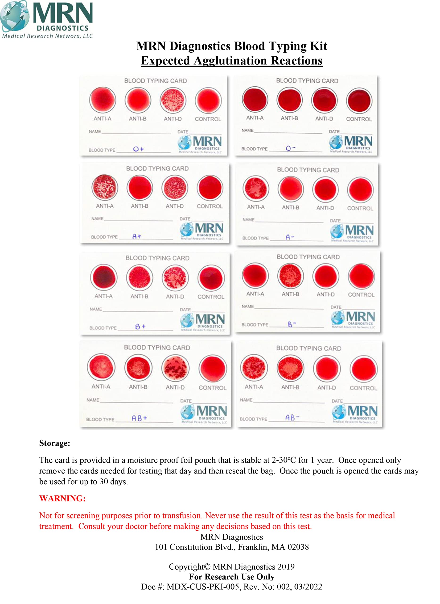 MRN Diagnosics Blood Typing Kit: 5 Pack