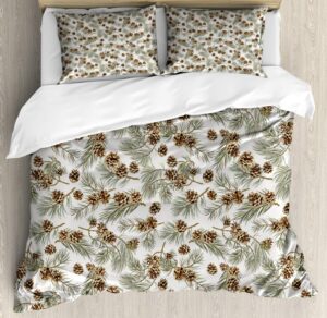 lunarable pinecone duvet cover set, scenery illustration of hand painted pine tree branches and sepia cone, decorative 3 piece bedding set with 2 pillow shams, king size, brown green