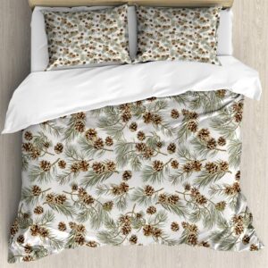 Lunarable Pinecone Duvet Cover Set, Scenery Illustration of Hand Painted Pine Tree Branches and Sepia Cone, Decorative 3 Piece Bedding Set with 2 Pillow Shams, King Size, Brown Green