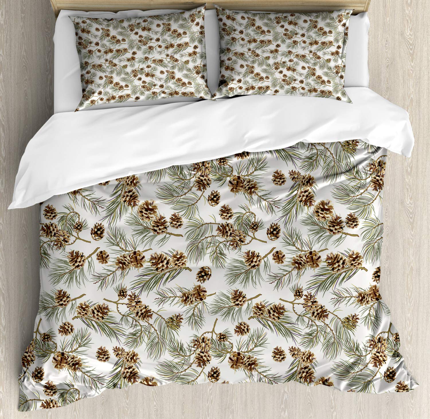 Lunarable Pinecone Duvet Cover Set, Scenery Illustration of Hand Painted Pine Tree Branches and Sepia Cone, Decorative 3 Piece Bedding Set with 2 Pillow Shams, King Size, Brown Green