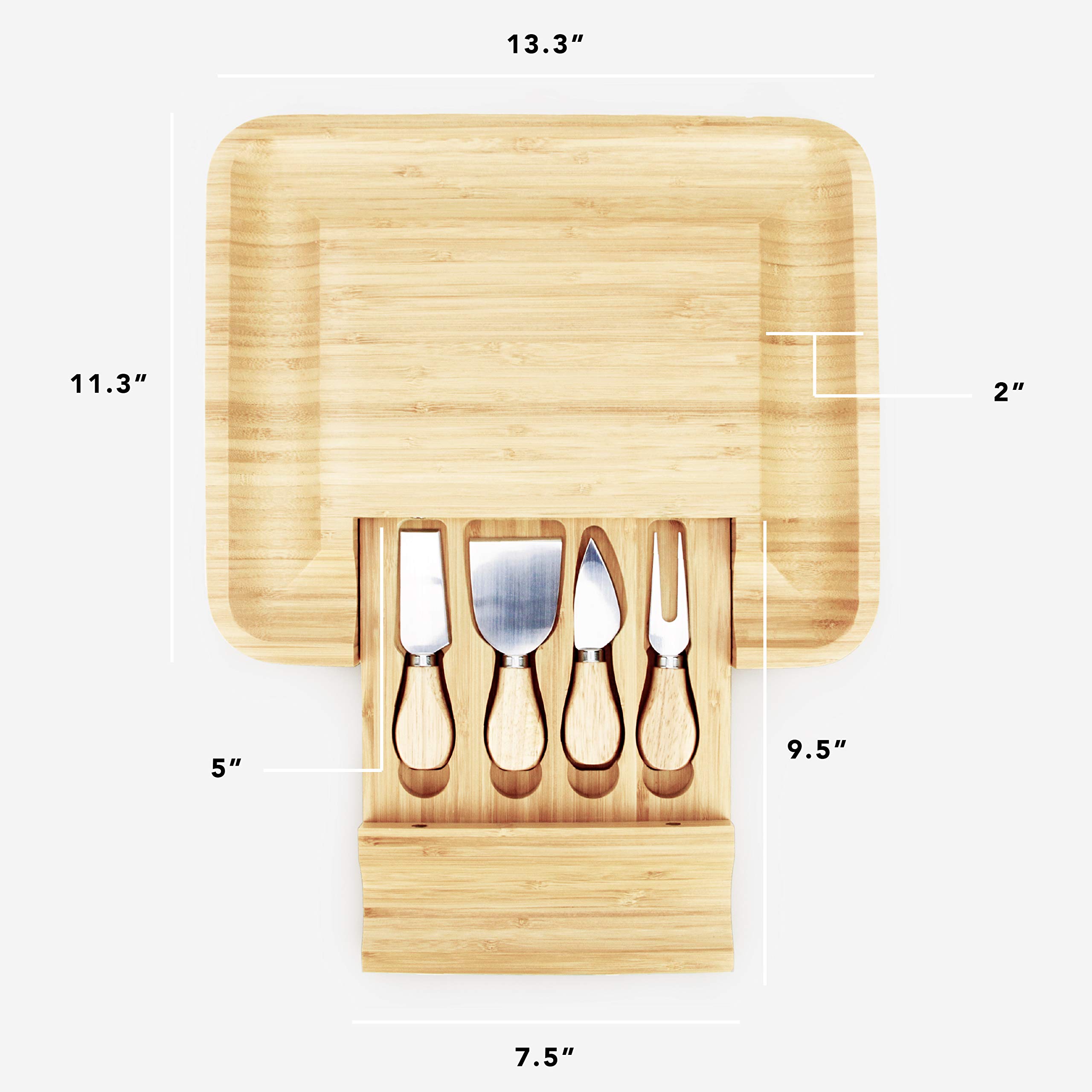 Slice of Goodness Bamboo Cheese Board Set - Large Wooden Charcuterie Boards Accessories Set with Narrow and Flat Knives, Cheese Fork, and Small Spade Inside Hidden Drawer