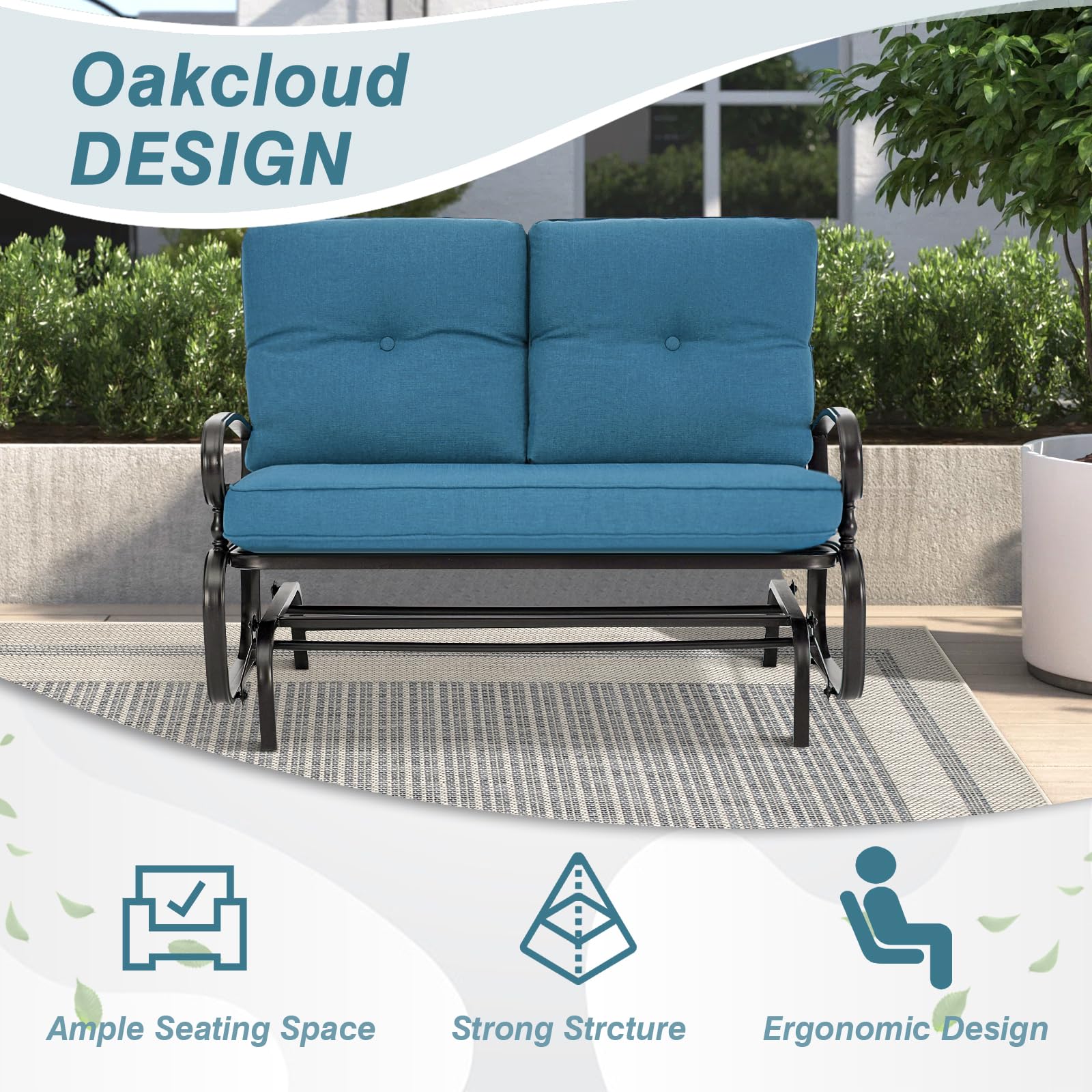 Oakmont Outdoor Glider Rocking Bench 2 Person Patio Loveseat Steel Frame Furniture Set for Patio, Garden, Yard, Porch with Resistant Cushions (Peacock Blue)