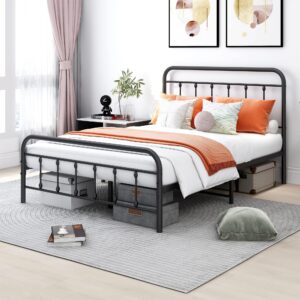 dumee metal full size bed frame platform with vintage headboard and footboard sturdy premium steel slat support no box spring needed, textured black