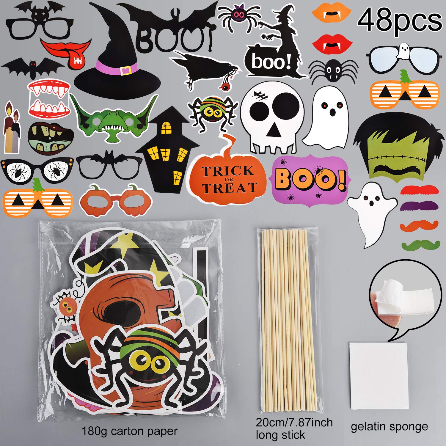 48 Pieces Halloween Photo Booth Props Kit Scary DIY Costumes Props with Wooden Sticks for Party Decorations