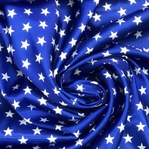 New Creations Fabric & Foam Inc, Patriotic 4th of July, White Stars on Royal Blue Satin Fabric by The Yard