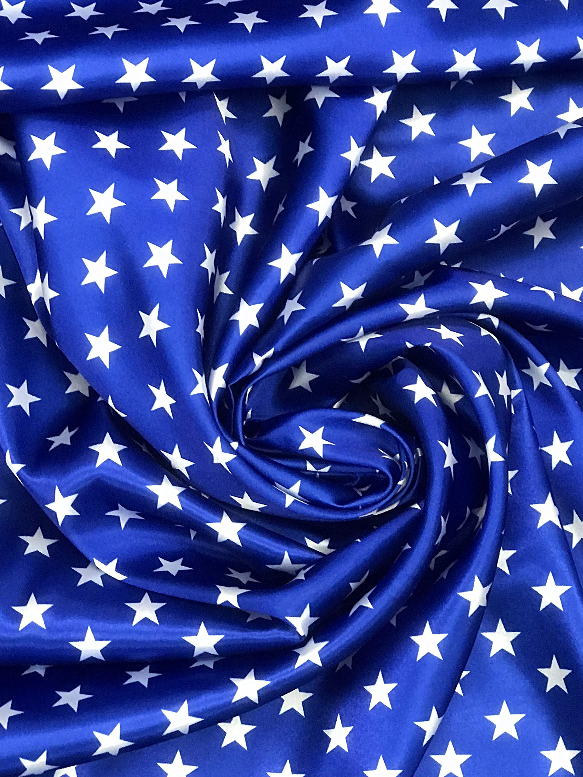 New Creations Fabric & Foam Inc, Patriotic 4th of July, White Stars on Royal Blue Satin Fabric by The Yard