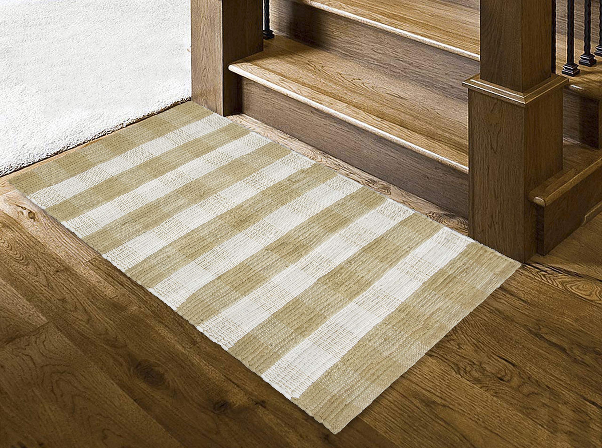 GLAMBURG Cotton Buffalo Check Plaid Rugs Washable, Handwoven Checkered Rug Welcome Door Mat 18x30 Rug for Kitchen Bathroom Outdoor Porch Laundry Living Room, Farmhouse Reversible Rag Rug Beige Natural