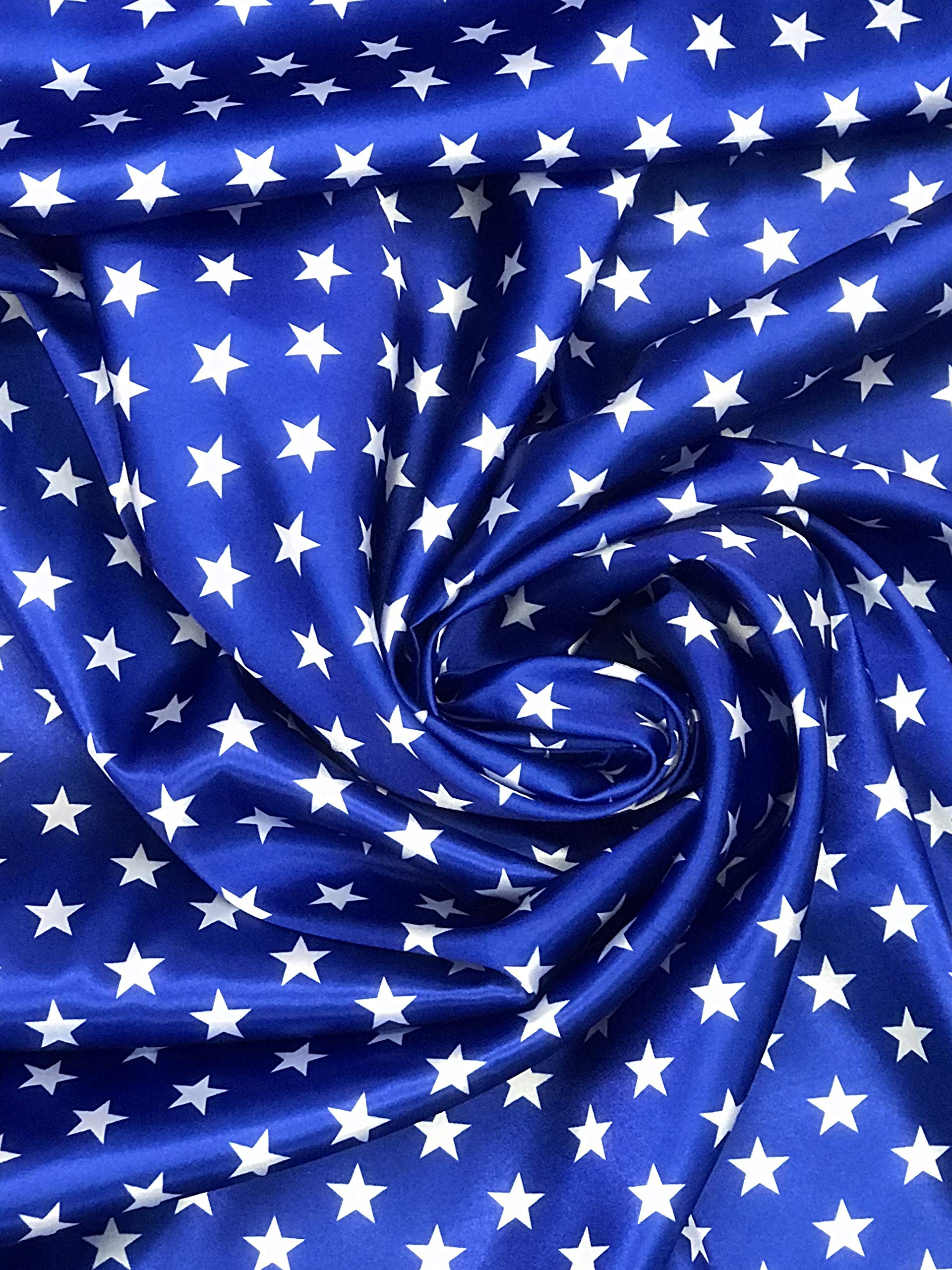 New Creations Fabric & Foam Inc, Patriotic 4th of July, White Stars on Royal Blue Satin Fabric by The Yard